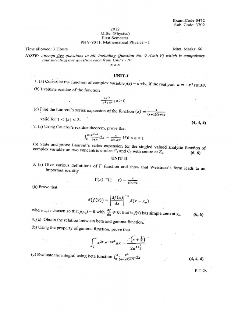 M.SC Physics 1st Sem PHY-8011 Mathematical Physics I Feb 2022 | PDF