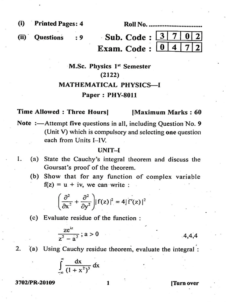MSC Physics 1st Sem PHY-8011 Mathematical Physics-I December 2022 | PDF