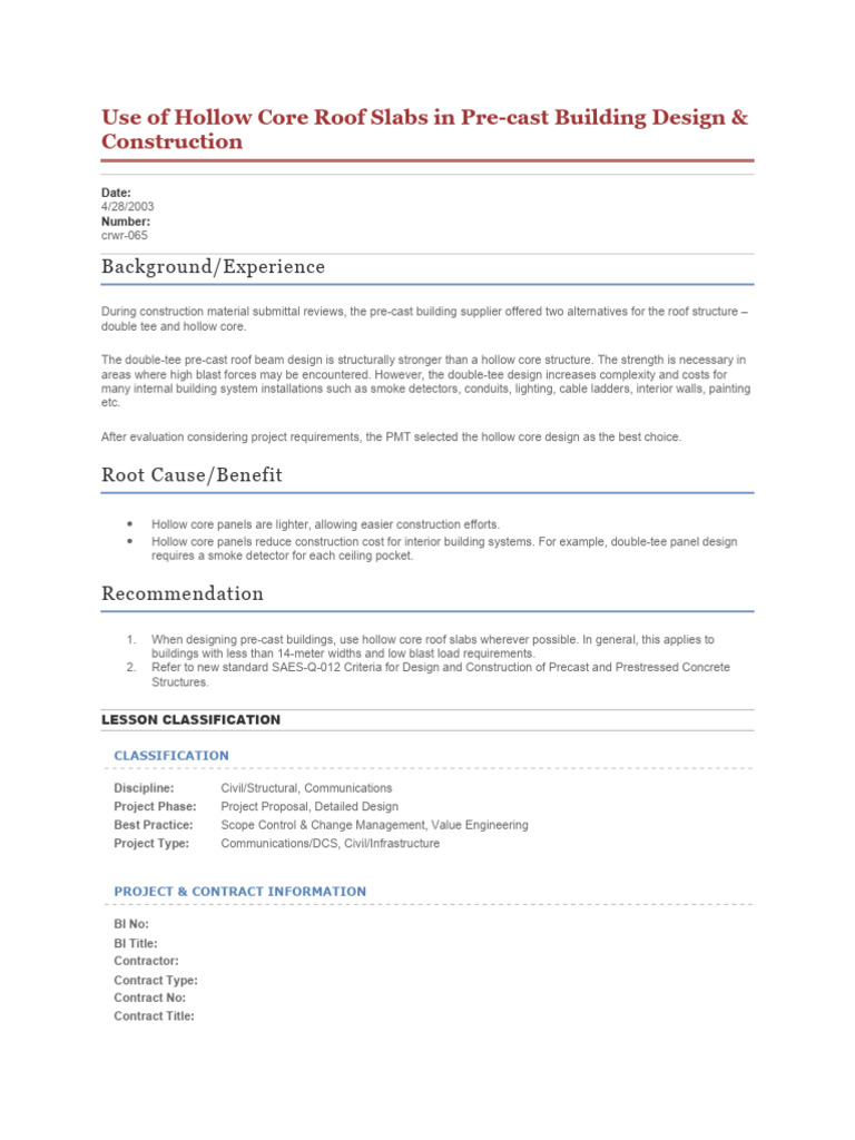 Use of Hollow Core Roof Slabs in Pre-Cast Building Design ...