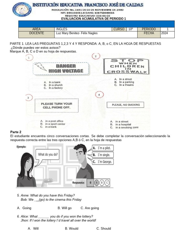 Grade 10 - English Assessment - First Period | PDF