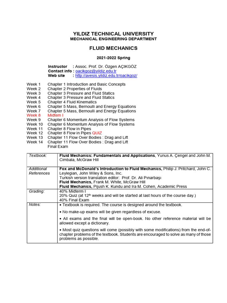 Fluid Mechanics Syllabus - Mechanical Engineering - Spring 2021 | PDF