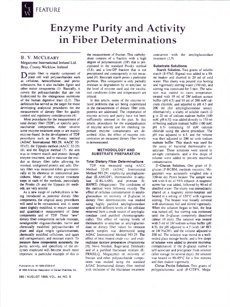 Enzyme Purity and Activity in Fibre Determinations | PDF