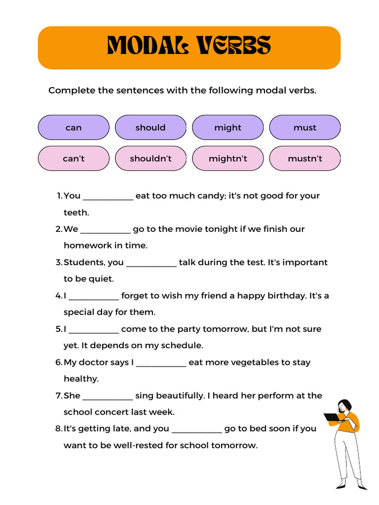 English Modal Verbs Grammar Worksheet in Blue and Pink Minimal Style | PDF