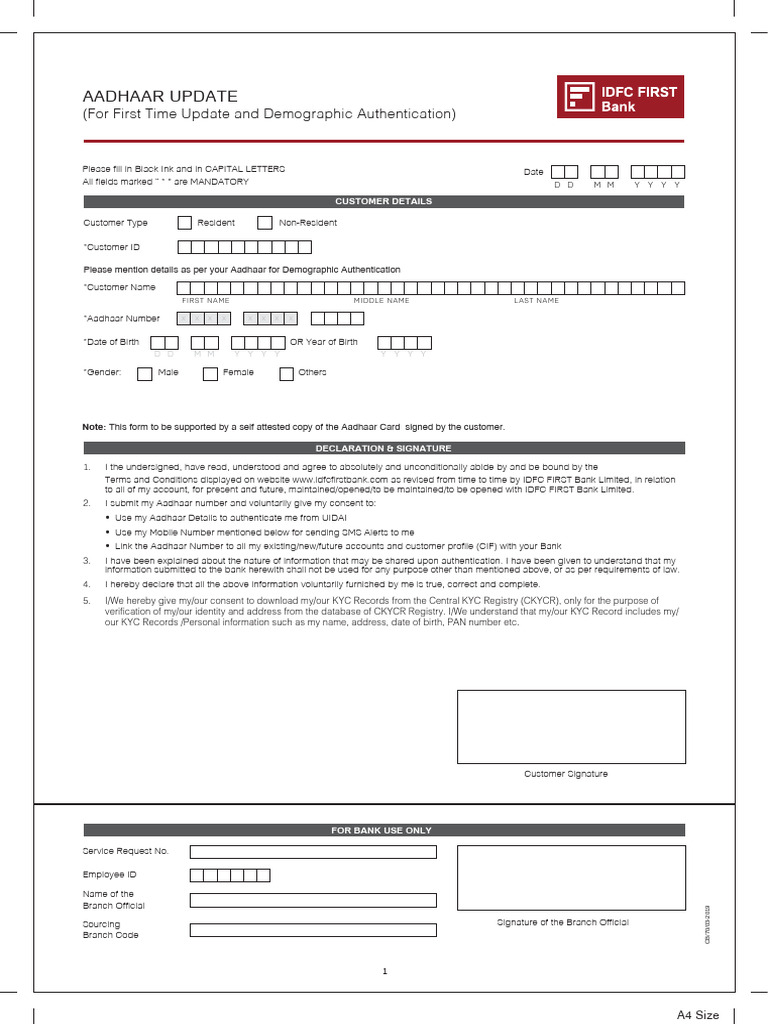 Aadhaar Update Form for IDFC Bank | PDF | Applications Of Cryptography ...