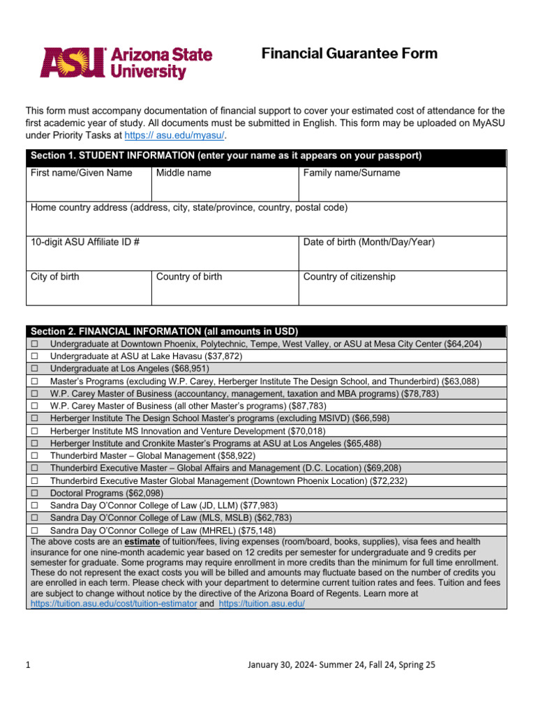 Financial Guarantee Form 2024 2025 AY (FINAL) | PDF | Arizona State ...