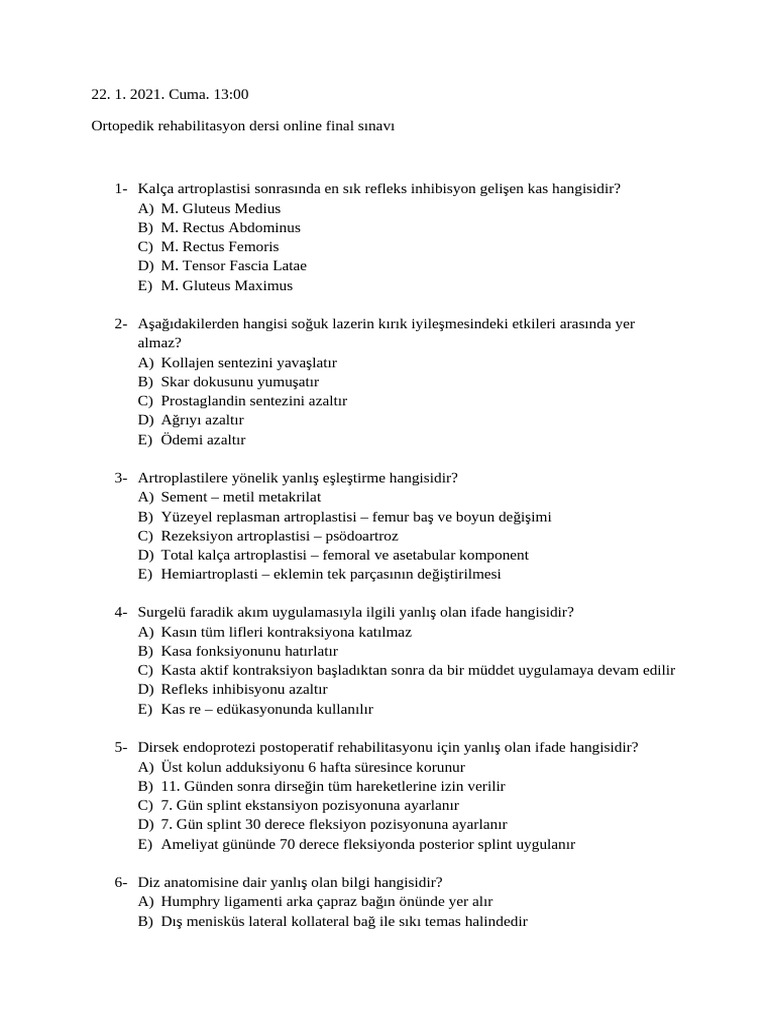 Ortopedik Reh Dersi Online Final Sınavı 2021 | PDF