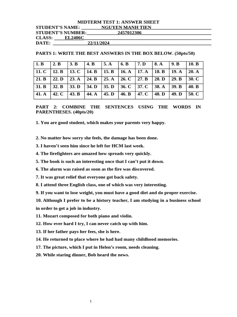 Answer Sheet | PDF