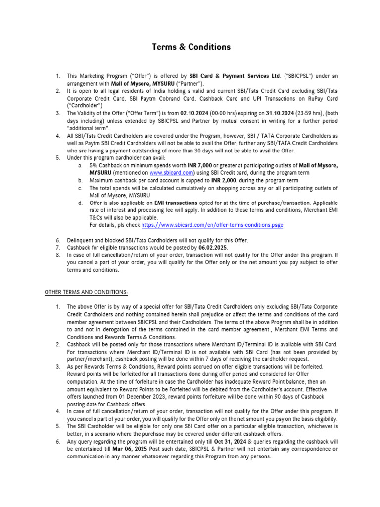 TNC - Mall of Mysore - Mysuru | PDF | Credit Card | Business