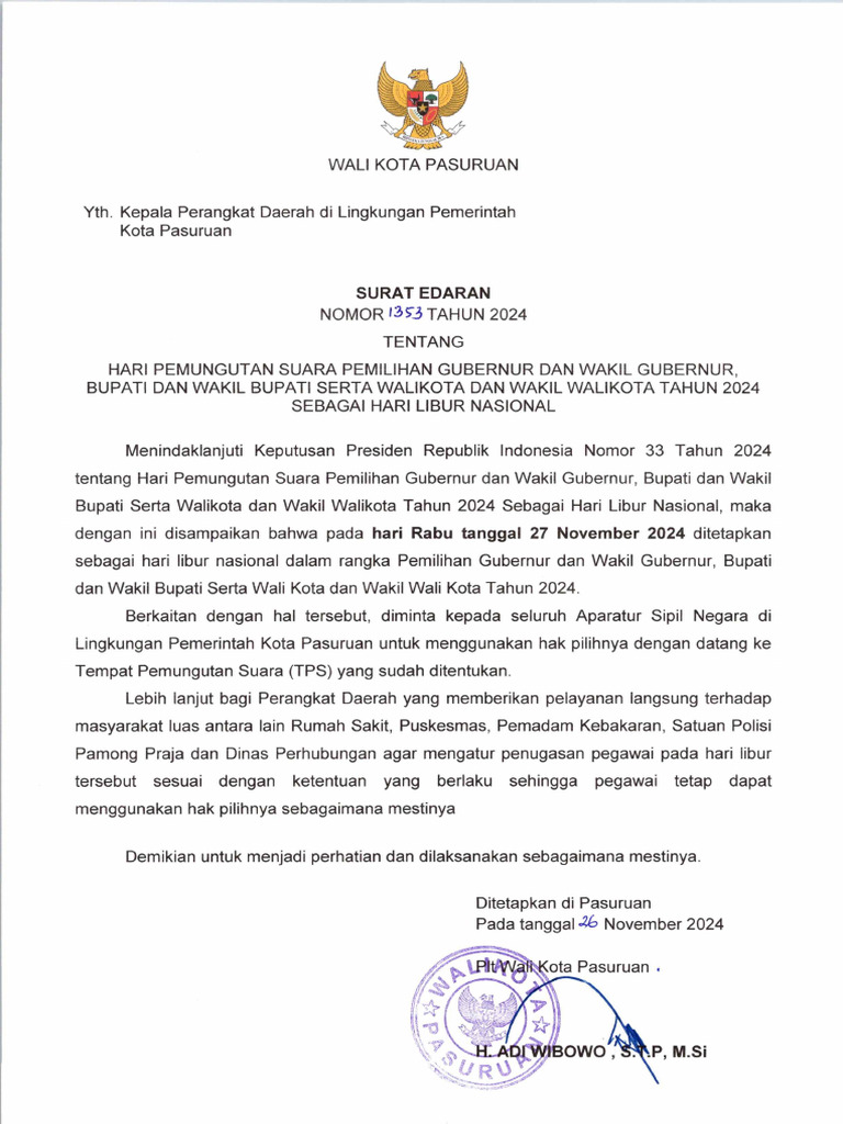 SE Libur Nasional Dalam Rangka Pilgub Dan Pilkada 2024 | PDF