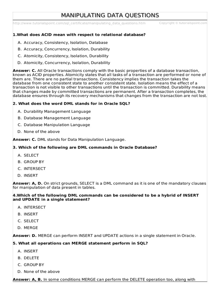 SQL Data Manipulation Questions Guide | PDF | Acid | Database Transaction