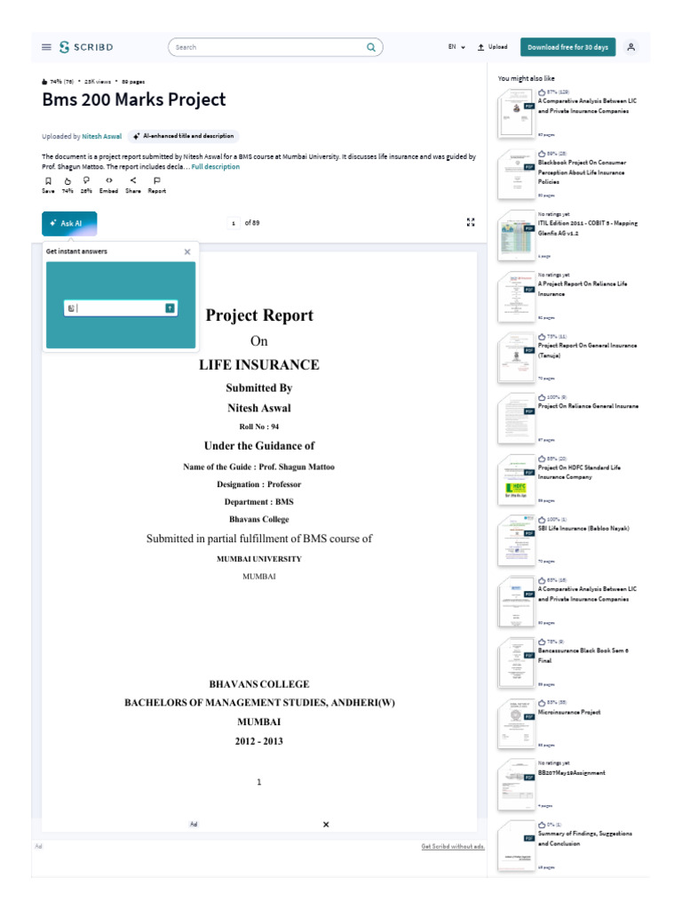 WWW Scribd Com Doc 122323369 Bms 200 Marks Project | PDF | Insurance | Financial Services