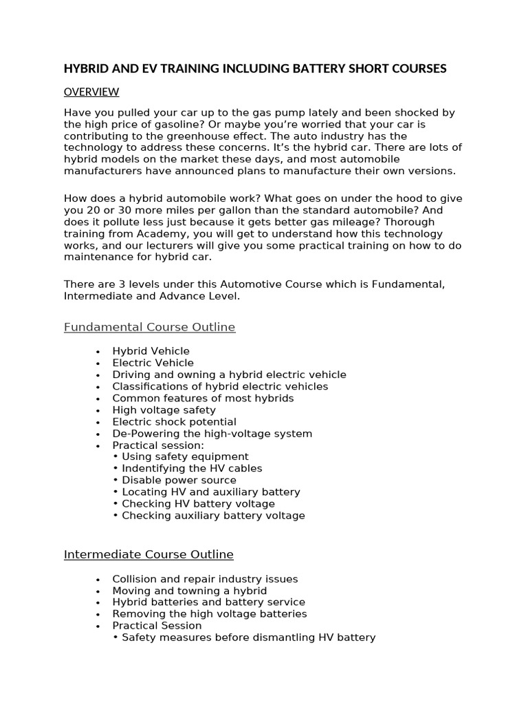 Hybrid and Ev Training Short Courses | PDF | Energy Storage | Electric ...