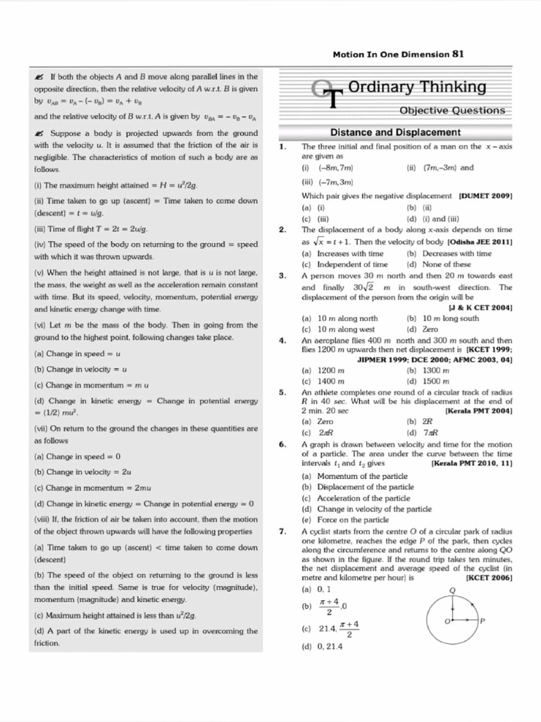 Motion in One One Dimension MCQ Errorless Physics | PDF | Acceleration ...