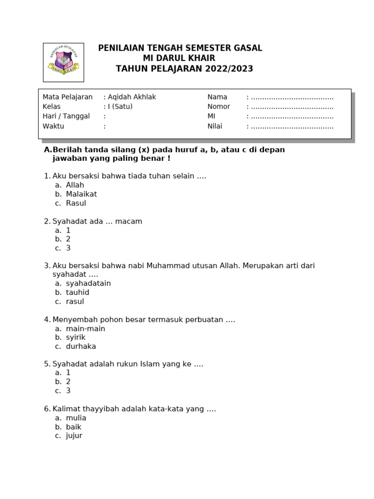 Soal PTS Akidah Akhlak Kelas 1 | PDF