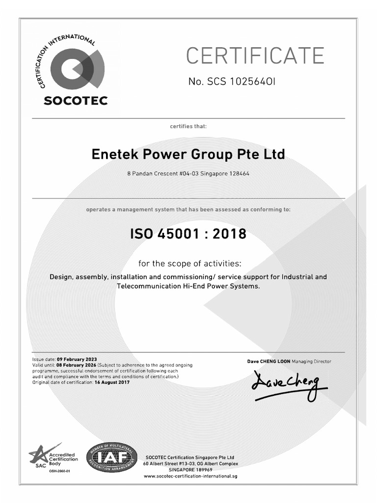 Cert - Enetek Power Group Pte LTD ISO 45001 2018 - SAC | PDF