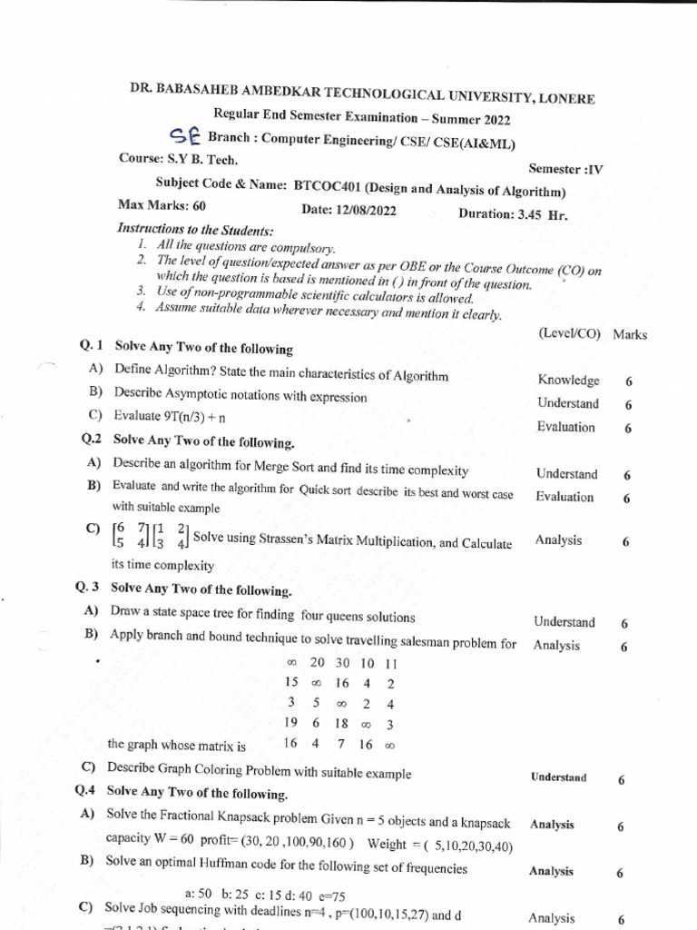 Design & Analysis of Algorithms - 12-8-2022 | PDF