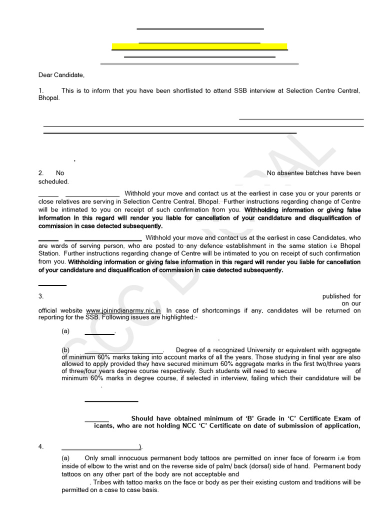 Call Up Letter SCC Bhopal For SSC NCC (Women) 57 Course | PDF ...