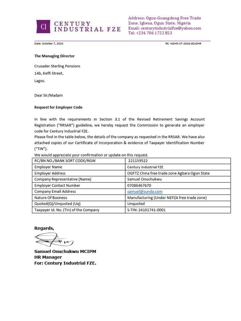Draft Letter For Century Industrial FZE Pen Code Request | PDF