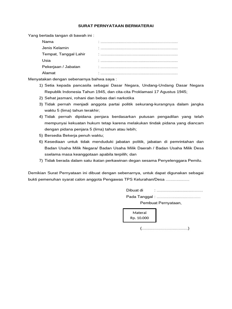 Surat Pernyataan Bermaterai | PDF