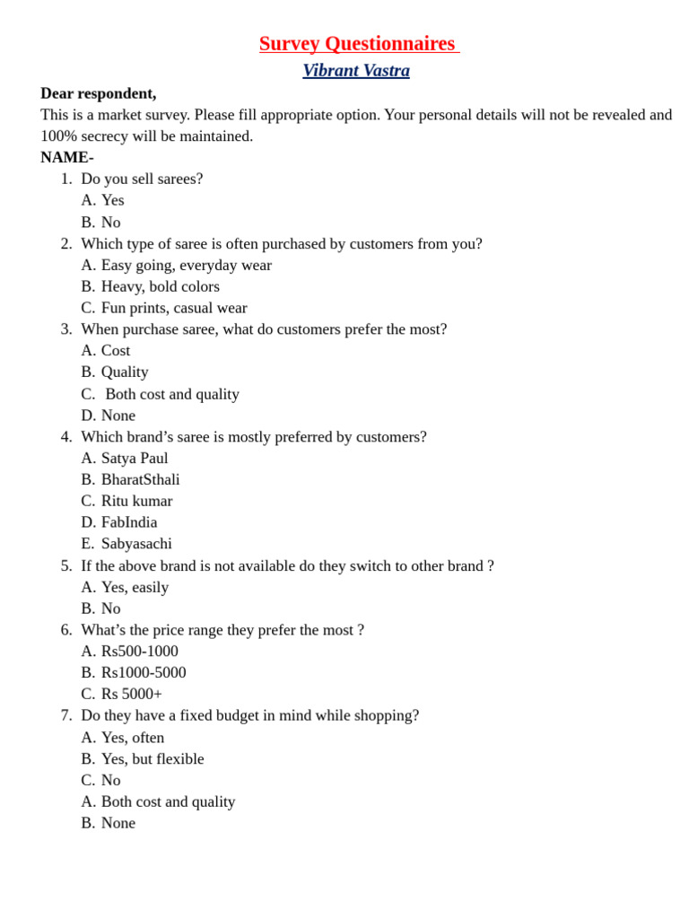 Survey Questionnaires | PDF