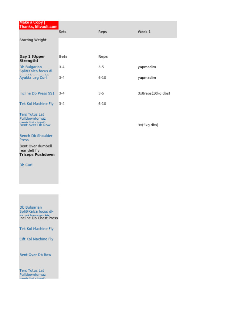 PHUL Spreadsheet (4 Day Upper - Lower Split) | PDF