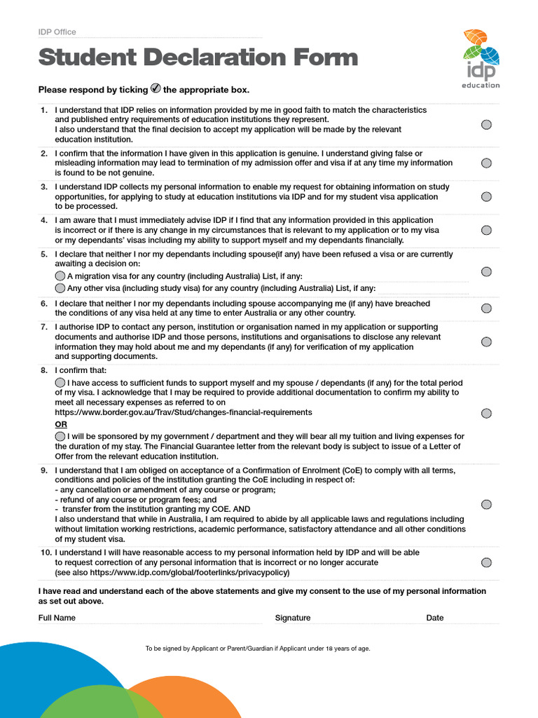 IDP Student Declaration Form | PDF | Travel Visa | Justice