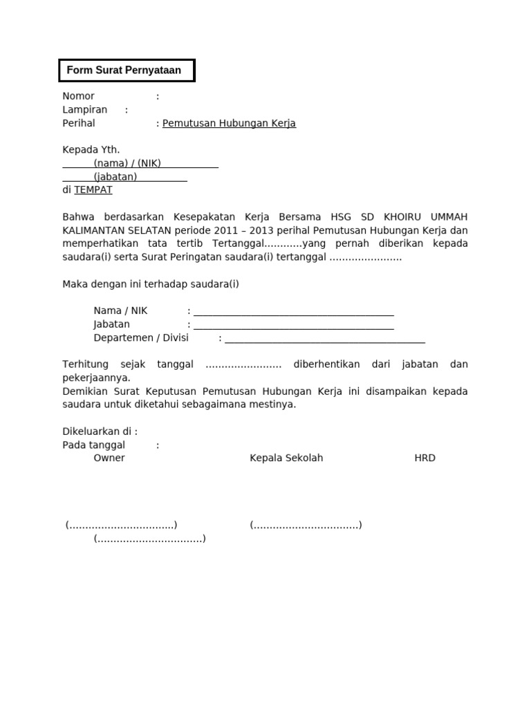 Form Surat Pernyataan PHK | PDF