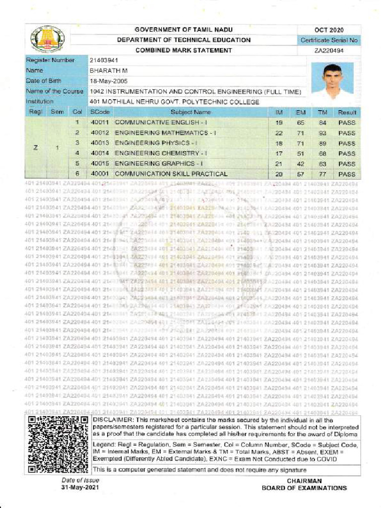 1-6 Sem Mark Sheet | PDF | Physical Sciences