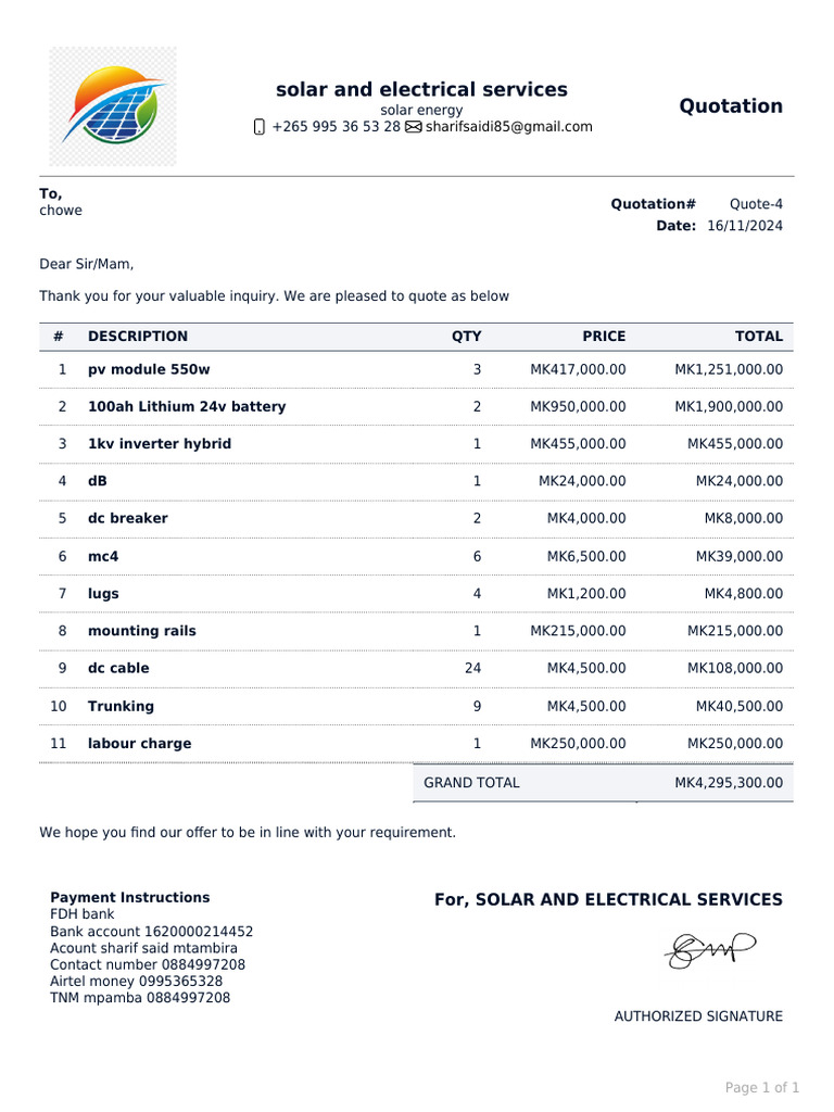 Solar and Electrical Services Quotation | PDF