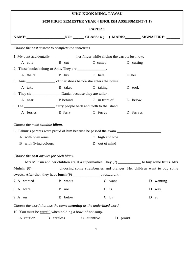 Year 4 English Paper 1 | PDF | Foods