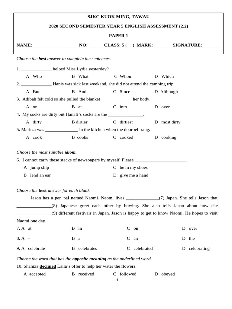 Year 5 English Paper 1 | PDF | Pollution