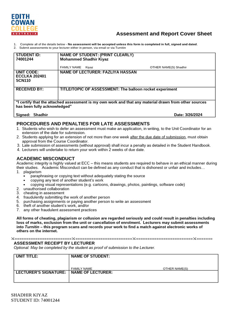 ECC Assignment Report Cover Sheet | PDF | Academic Dishonesty | Experiment