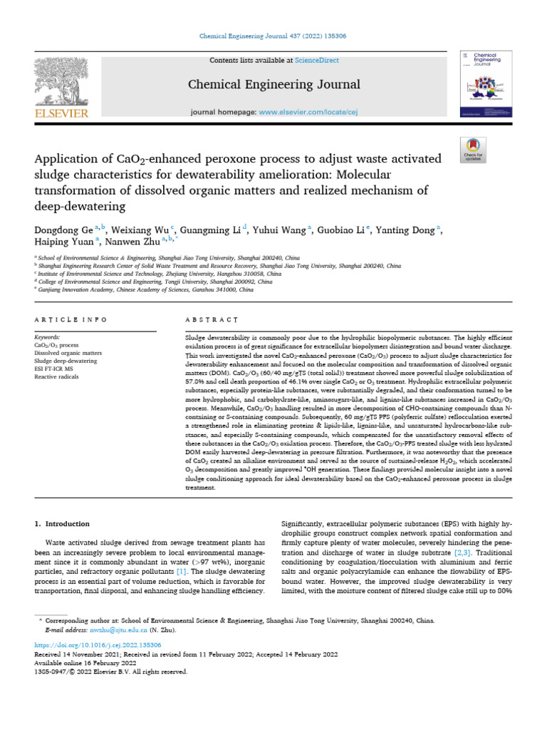 Dongdong 2022 CaO2-enhanced Peroxone Process To Adjust Waste Activated | PDF | Ozone | Chemical ...