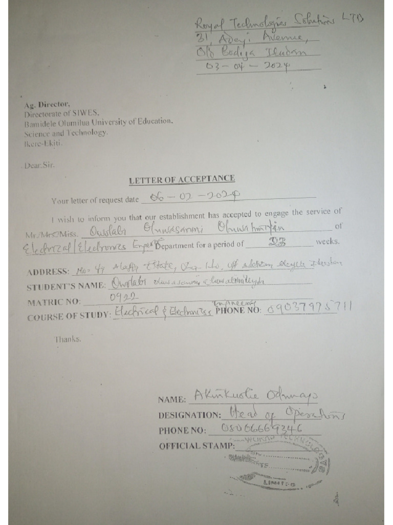 My Siwes Acceptance Letter | PDF