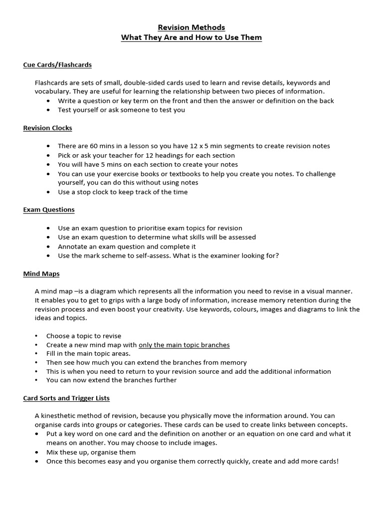Revision Methods What They Are and How To Use Them: Cue Cards ...