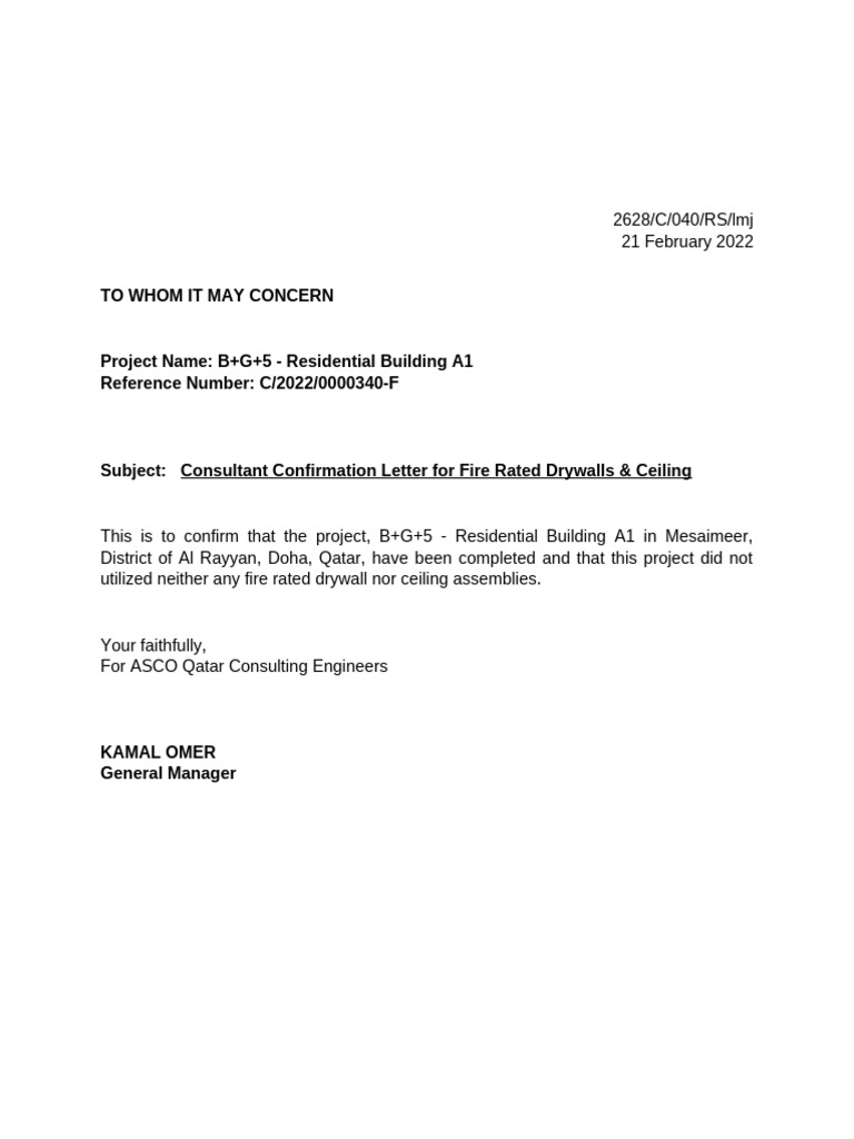 Letter of Confirmation For Drywall & Ceiling Assemblies - Bldg. A1 | PDF