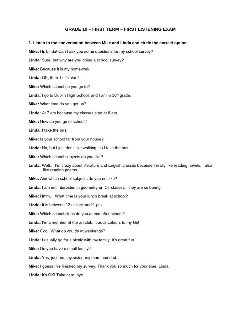 Grade 10 Listening Exam 1 Tapescript | PDF