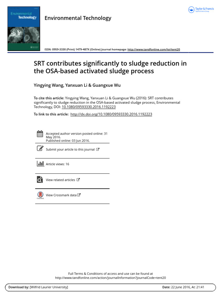 Yingying Wang 2016 SRT SR in The OSA-based Activated Sludge Process | PDF | Anaerobic Digestion ...