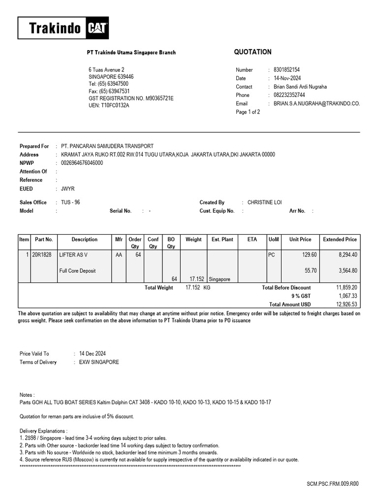 Quotation for PT Pancaran Samudera Transport | PDF