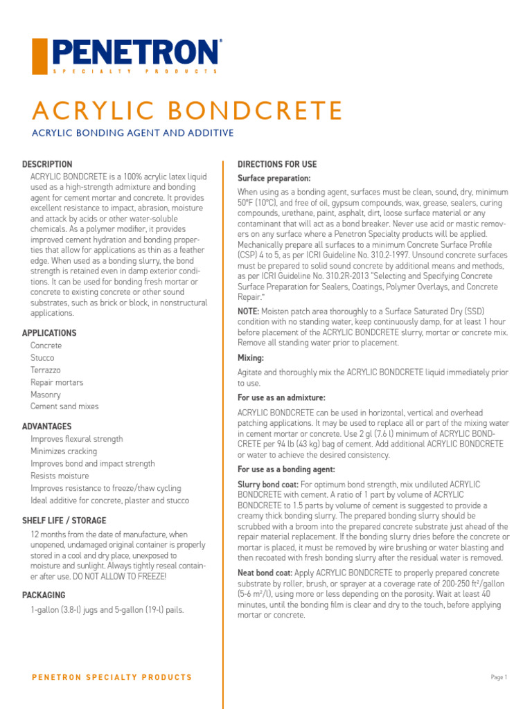 Acrylic Bondcrete Usage and Guidelines | PDF | Concrete | Mortar (Masonry)