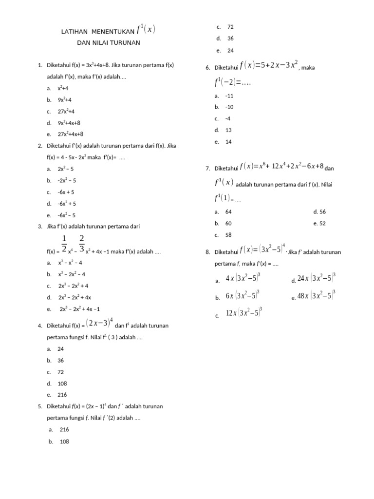 Latihan Menentukan Nilai Turunan | PDF