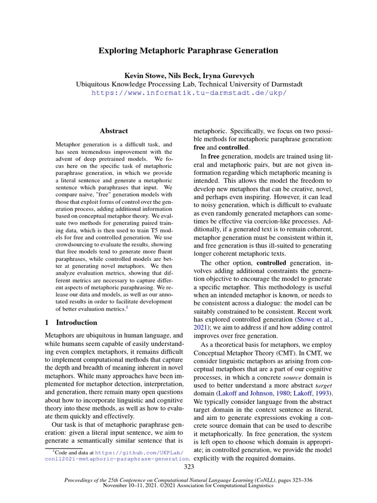 Metaphoric Paraphrase Generation Study | PDF | Metaphor | Cognitive Science