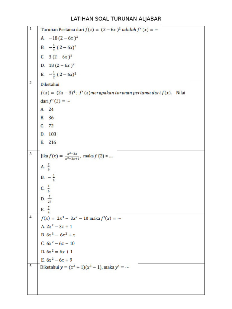 Latihan Soal Turunan Aljabar | PDF