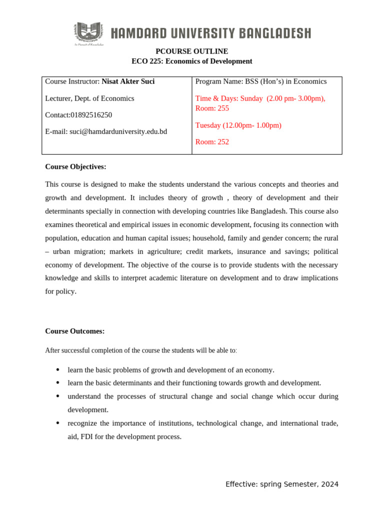 ECO 225: Development Economics Course Outline | PDF | Economics ...