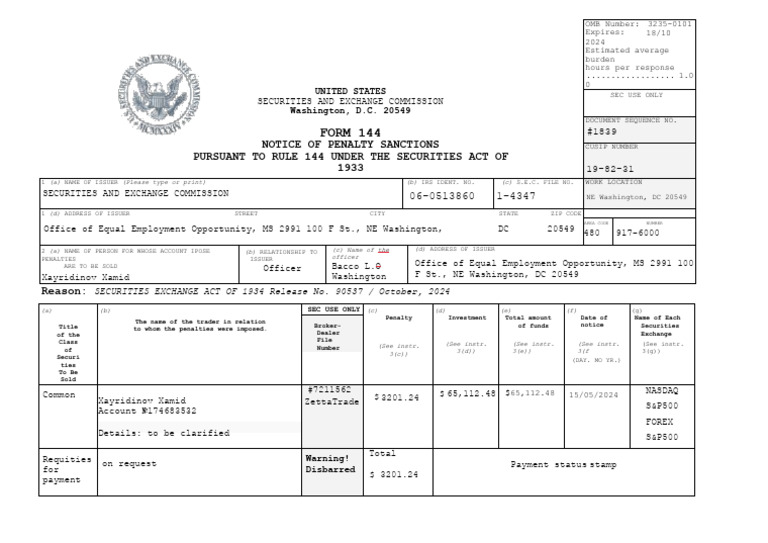 FORM 144: Notice of Penalty Sanctions Pursuant To Rule 144 Under The Securities Act of 1933 ...
