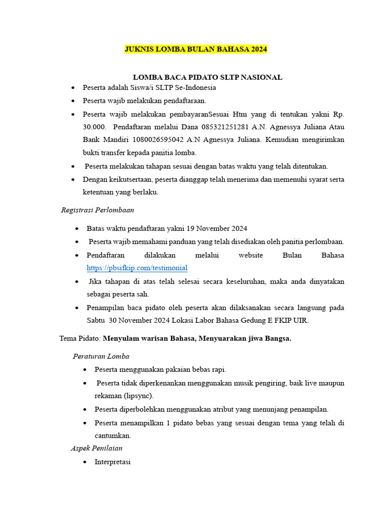 Juknis Bulan Bahasa Uir 2024 | PDF