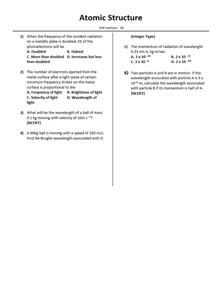 Structure of Atom Practice Questions-3 | PDF