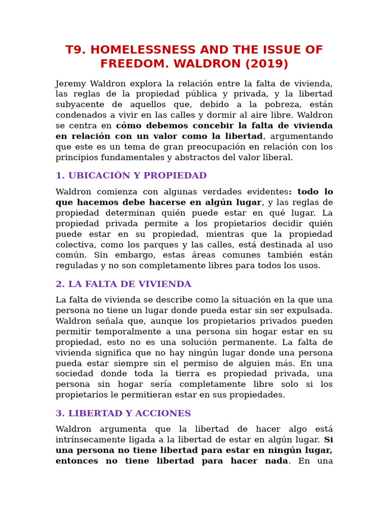 T9. HOMELESSNESS AND THE ISSUE OF FREEDOM (Waldron) | PDF | Libertad ...