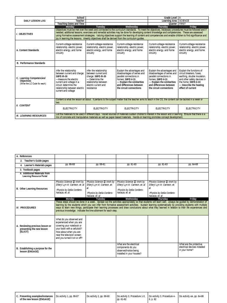 Daily Lesson Log Electricity | PDF | Learning | Electric Power
