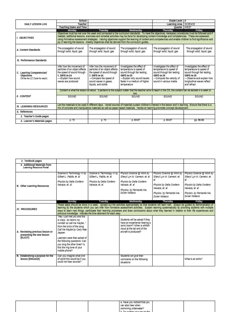 Daily Lesson Log Sound | PDF | Sound | Waves